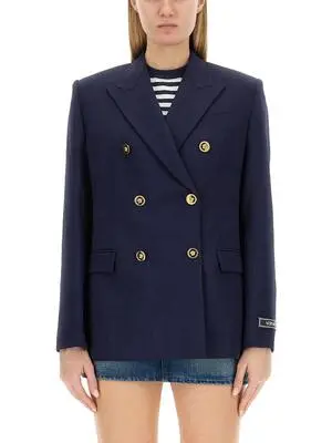 Versace Double-breasted Virgin Wool Blazer - Blue