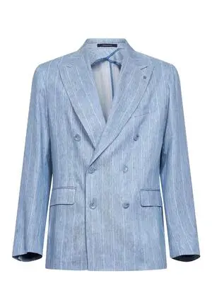 Tagliatore Light Blue Pinstriped Linen Blend New York Double-breasted Blazer - Multicolor