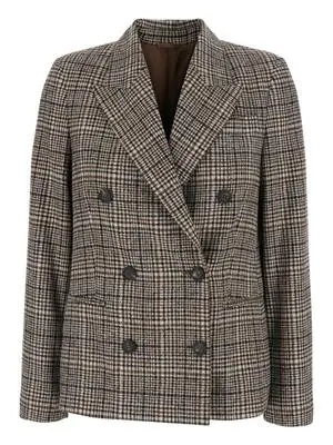 Brunello Cucinelli Beige Double-breasted Jacket With Peak Revers And All-over Check Motif In Wool For - Multicolor