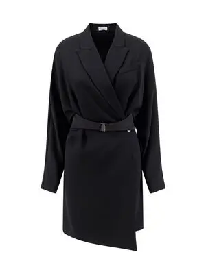 Brunello Cucinelli Chemisier Dress With Tuxedo-style Band - Black