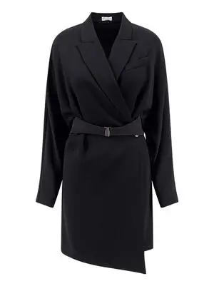 Brunello Cucinelli Chemisier Dress With Tuxedo-style Band - Black
