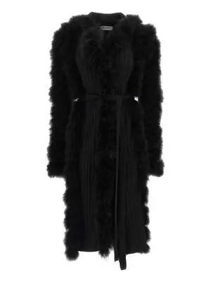 Attico Knitted Coat With Belt And Feather-effect Trim - Black