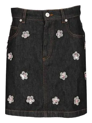 Marni Stonewashed Denim Daisy Applique Miniskirt - Blue