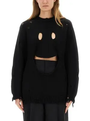 Moschino Virgin Wool Distressed Crewneck Sweater - Black