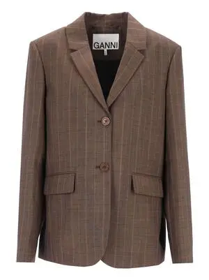 GANNI Pinstriped Wool Blazer - Brown