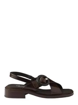 Prada Brushed Leather Crisscross Band Sandals With Plexiglas Buckle - Brown