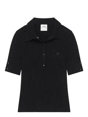 COURREGES Rib Knit Short Sleeved Polo - Black