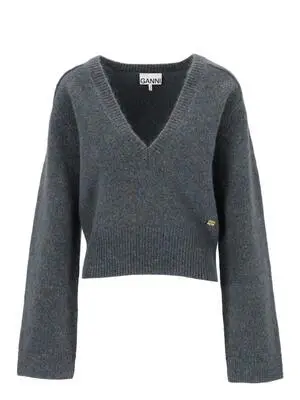 GANNI Ganni Women Melange Mohair Deep V-Neck Blue