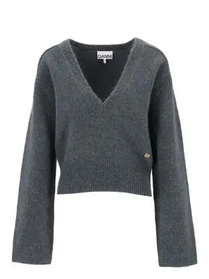 GANNI Melange Mohair Deep V-Neck Sweater Blue