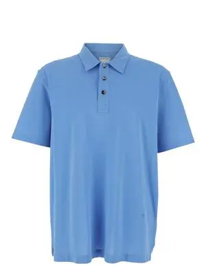 Bottega Veneta Polo Shirt With Classic Collar And Logo Embroidery Detail On The Front In Cotton - Blue