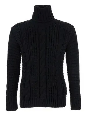 Moncler Black Turtleneck Jumper With Cable Knit And Logo Patch On The Sleeve In Merino Wool - Multicolor