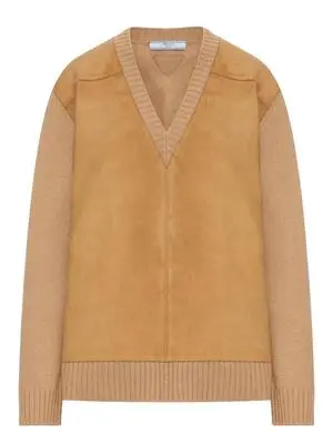 Prada Suede-panel V-neck Wool Sweater - Multicolor