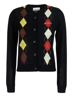 GANNI Cotton Argyle Motif Cardigan - Black