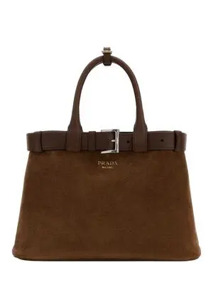 Prada Medium Buckle Bag In Suede - Brown