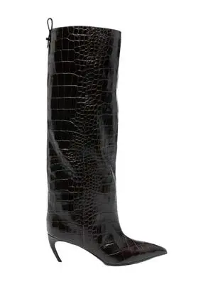 Attico Lea Knee-high Boots With A Pointed Toe And Crocodile-effect Toe - Brown
