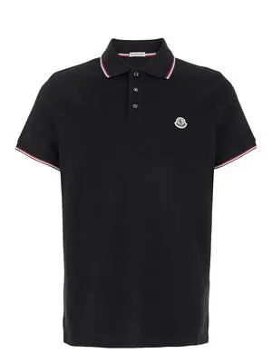 Moncler Black Piquet Cotton Polo Shirt With Logo Patch - Multicolor