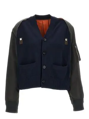 Sacai Nylon Twill And Cotton Knit Cardigan - Multicolor