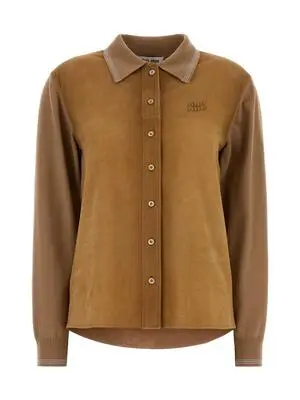 Miu Miu Camel Wool And Suede Cardigan - Brown