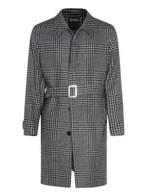 Zegna Wool Checked Belted Coat - Gray