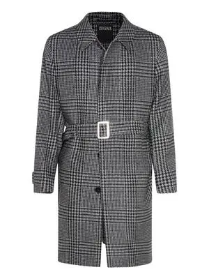 Zegna Wool Checked Belted Coat - Gray