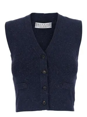 Brunello Cucinelli Blue Vest With V-neck And Two Flap Pockets On The Front In Cashmere Blend For - Multicolor