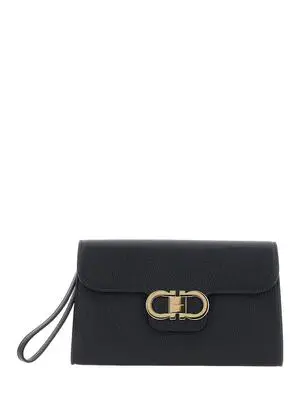 FERRAGAMO Black Clutch With Double Gancini Buckle On The Front In Grained Leather For - Multicolor