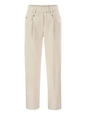 Brunello Cucinelli Baggy Trousers In Stretch Cotton Cover-up With Shiny Bartack - Cream