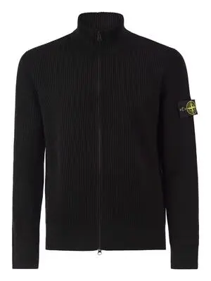 Stone Island Virgin Wool Ribbed Cardigan With High Neck And Zip - Black