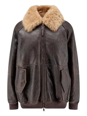 Brunello Cucinelli Leather Jacket With Shearling Collar - Multicolor