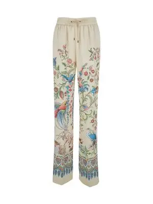 Etro White Pants With Elastic Waist And Drawstring And All-over Floral Print In Tech Fabric For - Multicolor