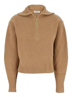 Max Mara Beige Turtleneck Sweater With Ribbed Design In Wool And Cashmere Blend - Multicolor