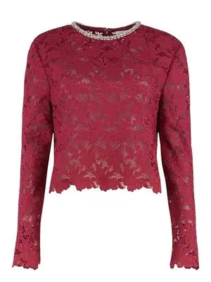 SELF-PORTRAIT Crystal Embellished Lace Long Sleeve Top - Red