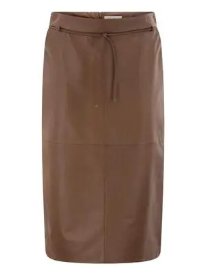 Max Mara Lamb Leather Midi Skirt With Leather Belt - Brown