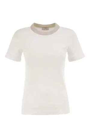 Peserico Stretch Cotton Jersey T-shirt With Lamé Knit Neckline - White