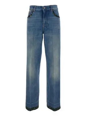 Valentino Garavani Valentino Women Blue Jeans With Logo Patch On The Rear And Floral Details In Denim Woman Multicolor