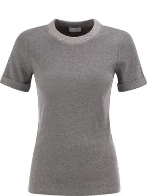 Peserico Lamé Trim Stretch Cotton Jersey T-shirt - Gray