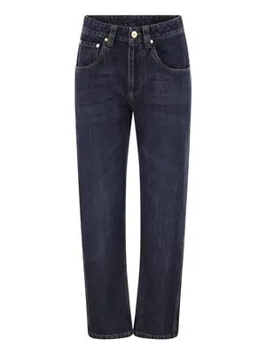 Brunello Cucinelli Straight Trousers In Authentic Denim With Shiny Bartack - Multicolor
