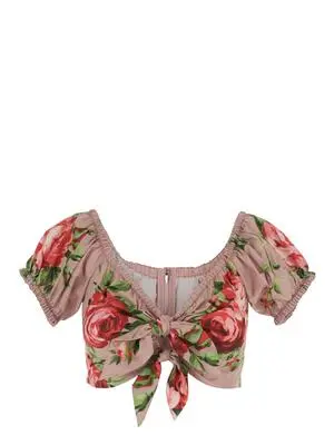 Dolce & Gabbana Pink Floral Print Crop Top With Double Knot In Cotton For - Multicolor