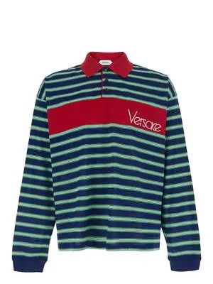 Versace Blue And Red Polo With Striped Motif And Logo Lettering On The Front In Cotton For - Multicolor