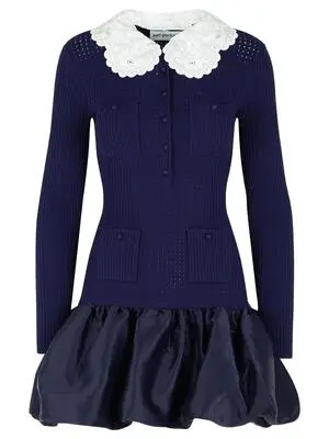 SELF-PORTRAIT Viscose Dress With Contrast Collar - Blue