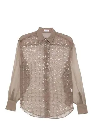 Brunello Cucinelli Sequin Embellished Silk Blend Blouse - Brown