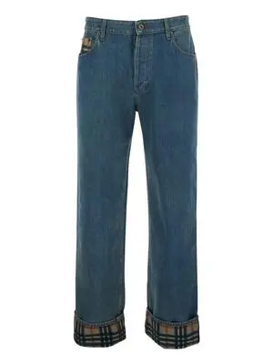 Burberry Dexter' Blue Jeans With Stonewash Effect And Check Motif Hem In Denim For - Multicolor