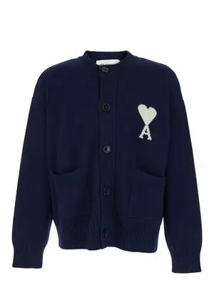 AMI Paris Ami Paris Men Blue Crew Neck Cardigan With Contrasting Adc Logo On The Front In Cotton And Wool Blend Man Multicolor