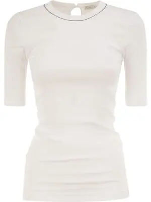 Brunello Cucinelli Ribbed Stretch Cotton T-shirt With Monili Trim - White
