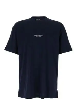 Giorgio Armani Blue Crew-neck T-shirt With Raised Collar And Logo On The Front In Cotton - Multicolor