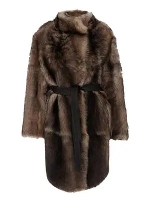 YVES SALOMON Brown Shearling Coat With High Neck And Front Belt Closure In Fur - Multicolor