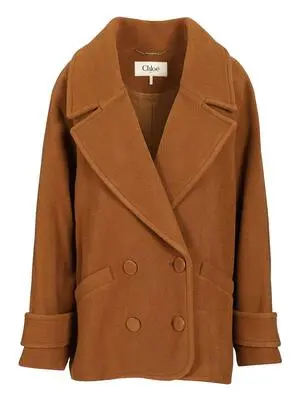 Chloé Short Double-breasted Wool Coat With Herringbone Pattern - Brown