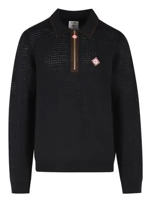 Casablanca Waffle Stitch' Navy Wool Polo Shirt - Blue