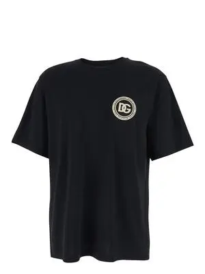 Dolce & Gabbana Crew Neck T-shirt With Logo Embroidery On The Front In Cotton For - Black