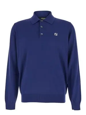 Fendi Blue Long Sleeve Polo With Classic Collar And Ff Plate On The Front In Wool For - Multicolor